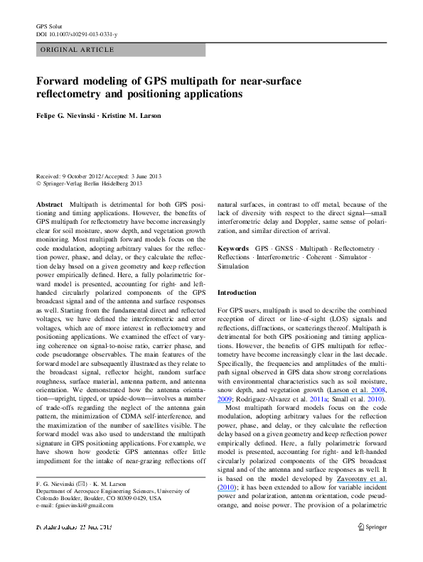 (PDF) Forward modeling of GPS multipath for near-surface reflectometry ...