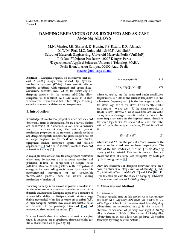 (PDF) DAMPING BEHAVIOUR OF AS-RECEIVED AND AS-CAST Al-Si-Mg ALLOYS ...