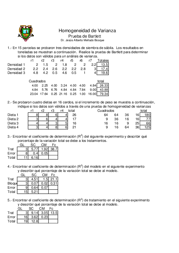 (PDF) Homogeneidad de Varianza Prueba de Bartlett