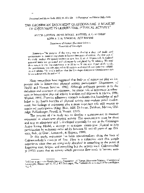 (PDF) The Groningen Enjoyment Questionnaire: a measure of enjoyment in ...