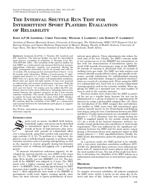 (PDF) THE INTERVAL SHUTTLE RUN TEST FOR INTERMITTENT SPORT PLAYERS