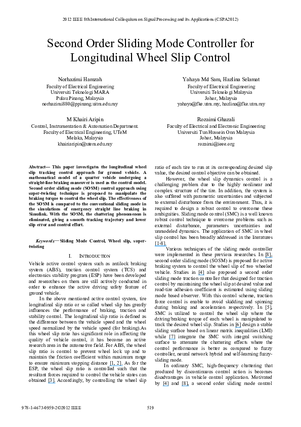 (PDF) Second order sliding mode controller for longitudinal wheel slip control