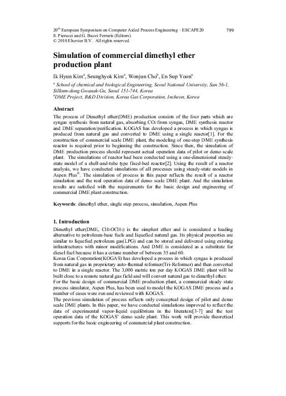 Pdf Simulation Of Commercial Dimethyl Ether Production Plant