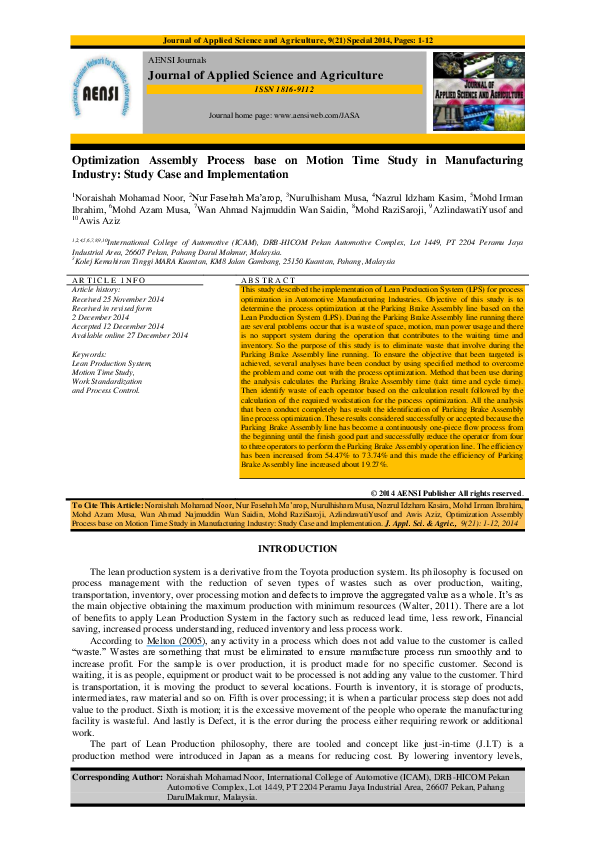(PDF) Optimization Assembly Process base on Motion Time Study in ...