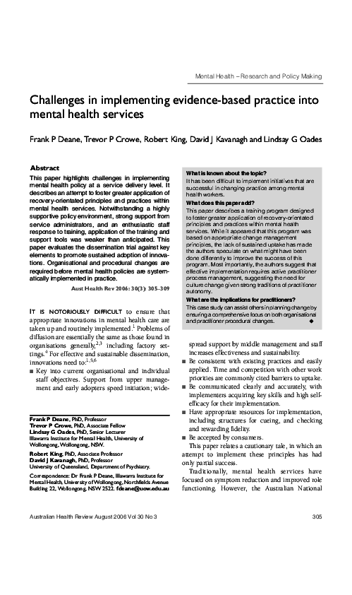 (PDF) Challenges in implementing evidence-based practice into mental health services