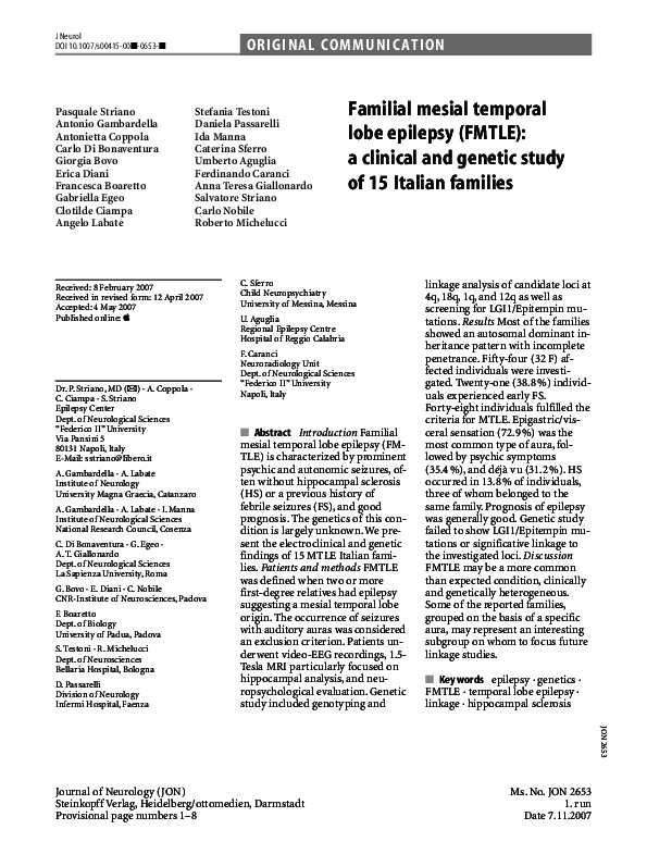 (PDF) Familial mesial temporal lobe epilepsy (FMTLE)