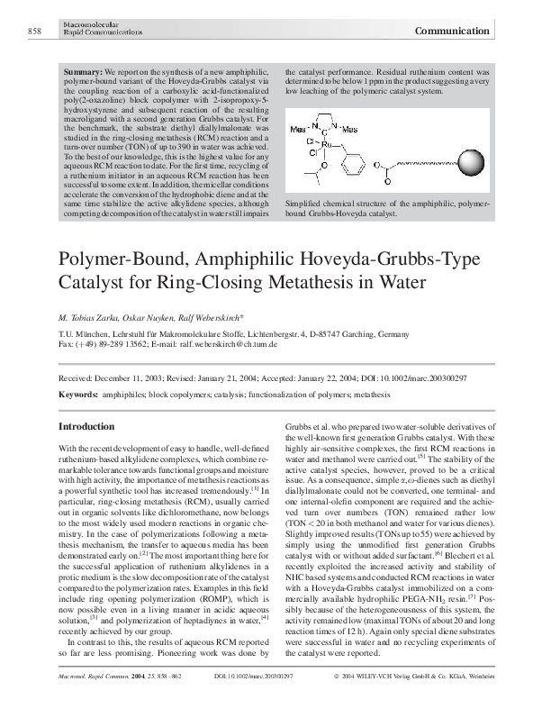 (PDF) Polymer-Bound, Amphiphilic Hoveyda-Grubbs-Type Catalyst for Ring ...