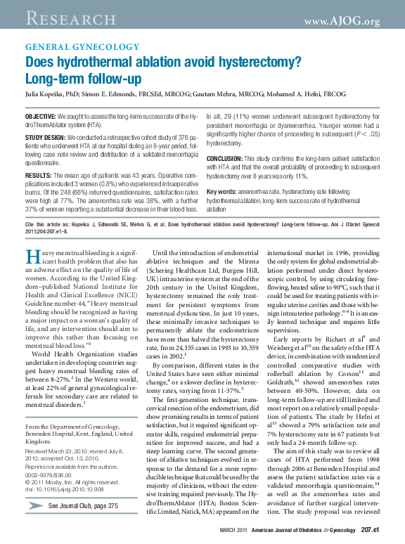 (PDF) Does hydrothermal ablation avoid hysterectomy? Long-term follow-up