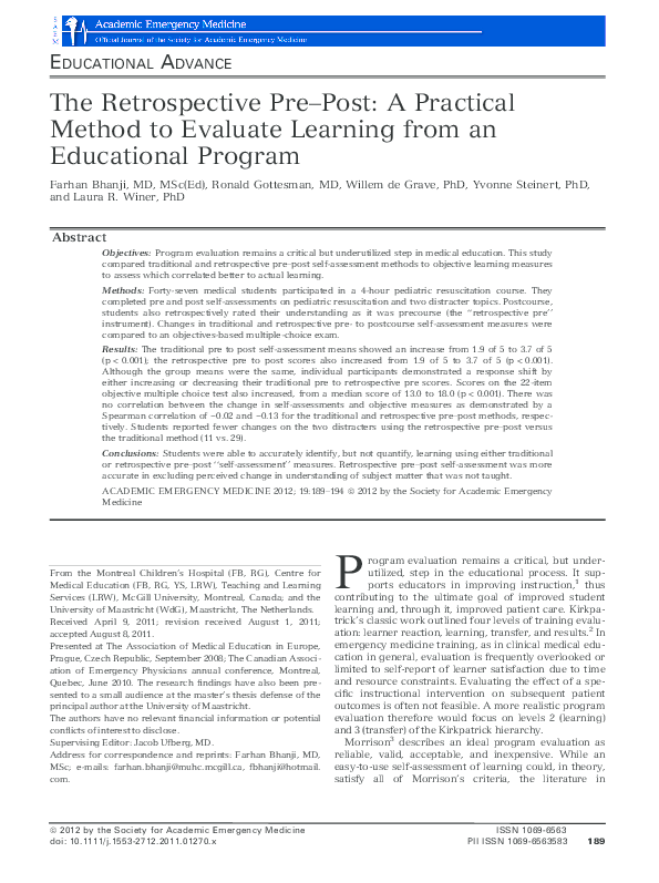 (PDF) The Retrospective Pre-Post: A Practical Method to Evaluate ...