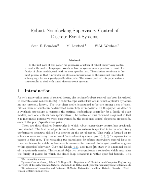(PDF) Robust nonblocking supervisory control of discrete-event systems