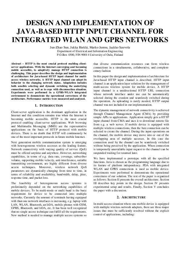 (PDF) Design and implementation of java-based HTTP input channel for integrated wlan and GPRS ...