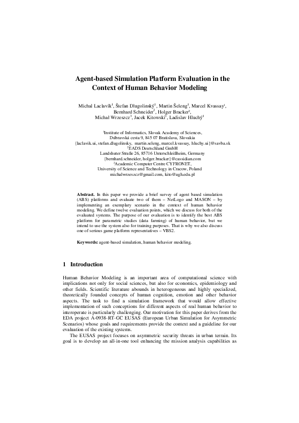 Pdf Agent Based Simulation Platform Evaluation In The Context Of Human Behavior Modeling