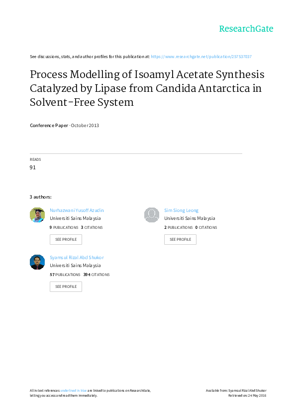 (PDF) Process Modelling of Isoamyl Acetate Synthesis Catalyzed by Lipase from Candida Antarctica ...