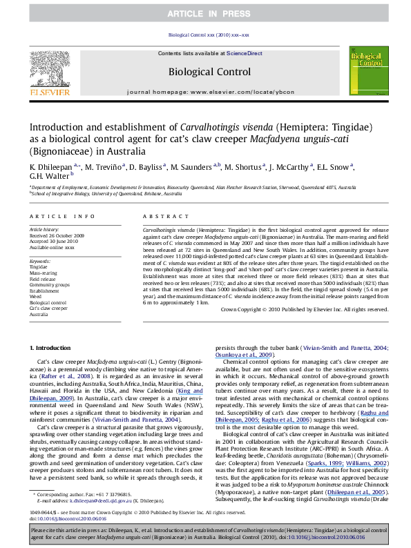 (PDF) Introduction and establishment of Carvalhotingis visenda (Hemiptera: Tingidae) as a ...