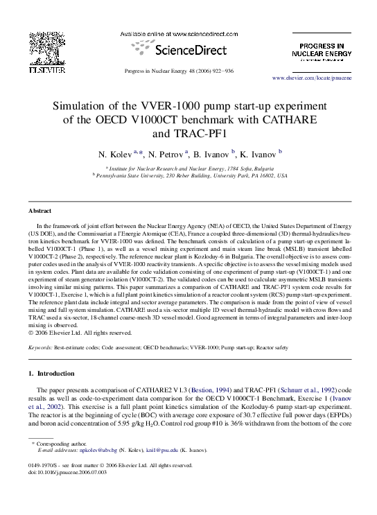 (PDF) Simulation of the VVER-1000 pump start-up experiment of the OECD ...