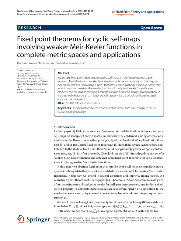 (PDF) Fixed point theorems for cyclic self-maps involving weaker Meir-Keeler functions in ...