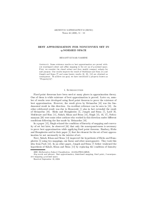 (PDF) BEST APPROXIMATION FOR NONCONVEX SET IN q-NORMED SPACE