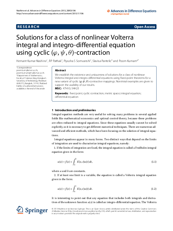 (PDF) Solutions for a class of nonlinear Volterra integral and integro-differential equation ...