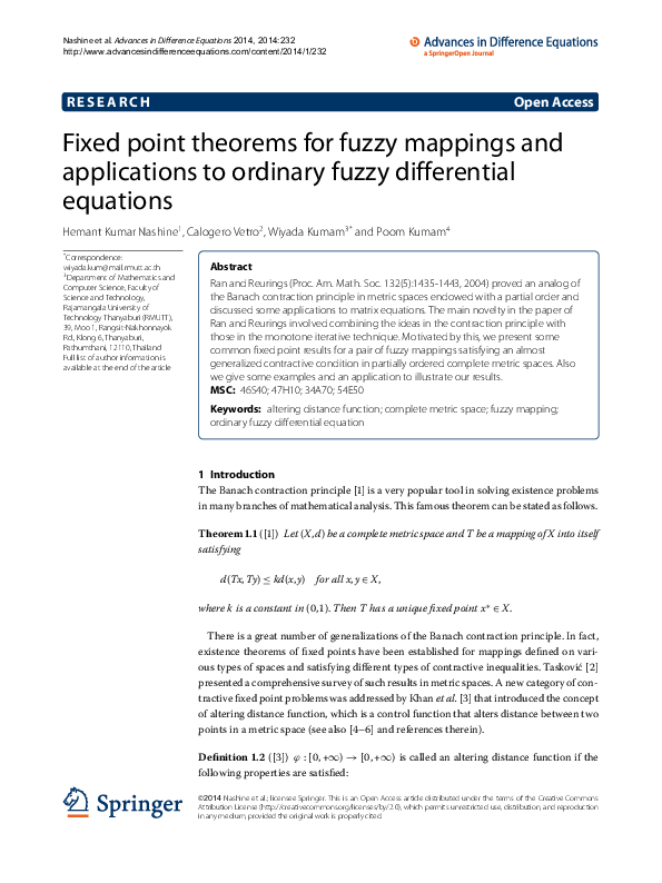 (PDF) Fixed point theorems for fuzzy mappings and applications to ordinary fuzzy differential ...