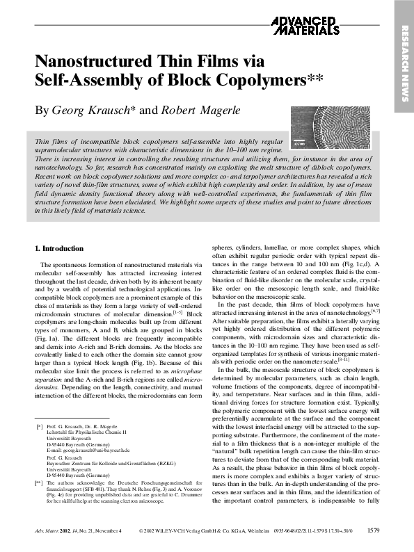 (PDF) Nanostructured Thin Films via Self-Assembly of Block Copolymers