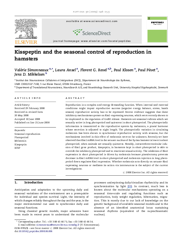 (PDF) Kisspeptin and the seasonal control of reproduction in hamsters