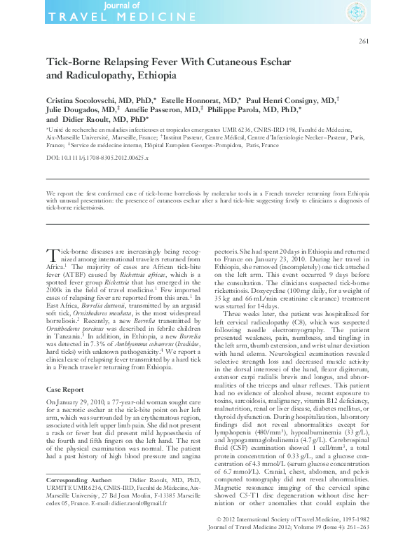 (PDF) Tick-Borne Relapsing Fever With Cutaneous Eschar and ...