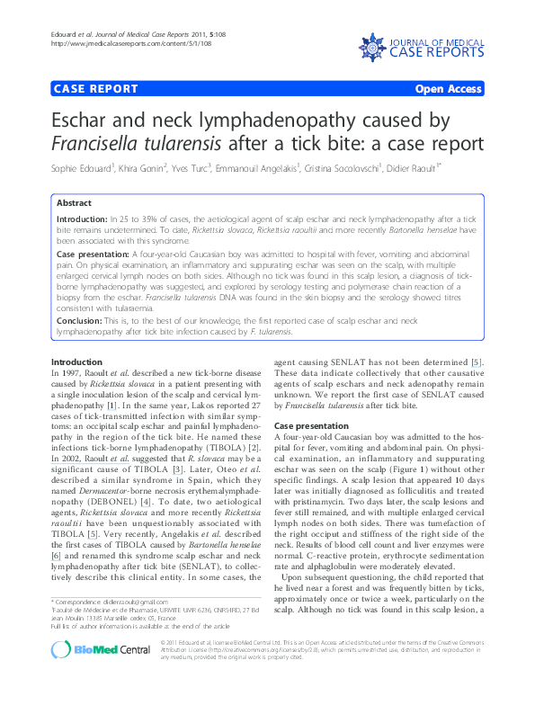 (PDF) Eschar and neck lymphadenopathy caused by Francisella tularensis ...
