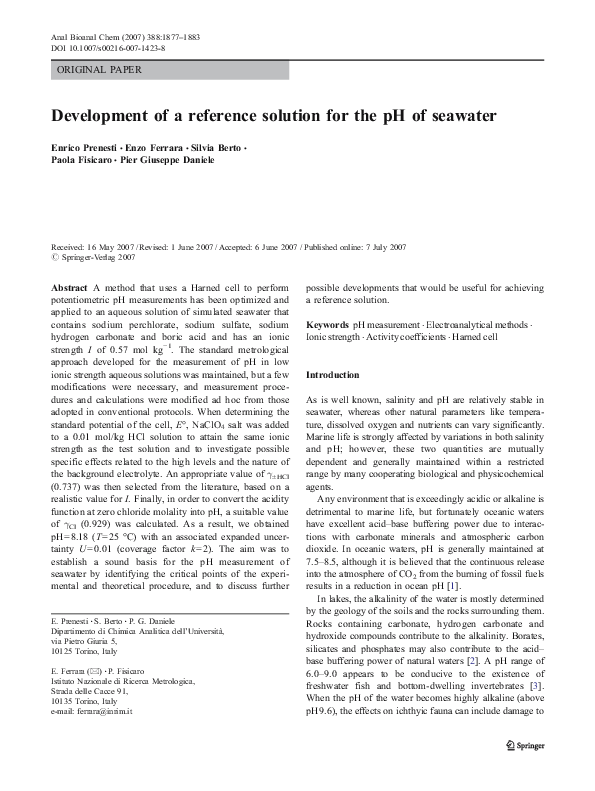 (PDF) Development of a reference solution for the pH of seawater
