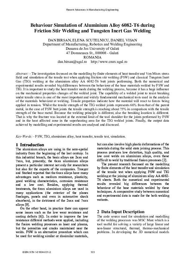 Pdf Behaviour Simulation Of Aluminium Alloy 6082 T6 During Friction Stir Welding And Tungsten