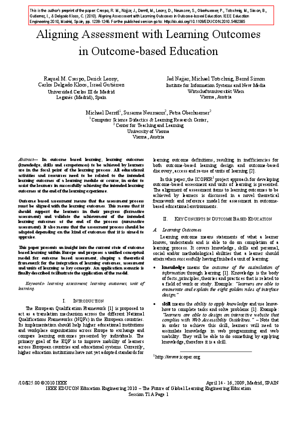 (PDF) Aligning assessment with learning outcomes in outcome-based education