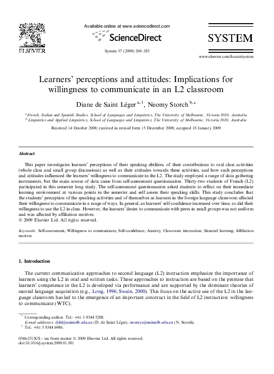 (PDF) Learners’ perceptions and attitudes: Implications for willingness to communicate in an L2 ...