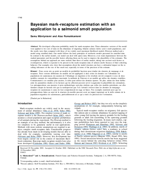 (PDF) Bayesian mark recapture estimation with an application to a salmonid smolt population