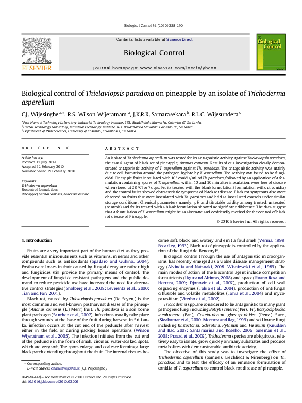 (PDF) Biological control of Thielaviopsis paradoxa on pineapple by an isolate of Trichoderma ...