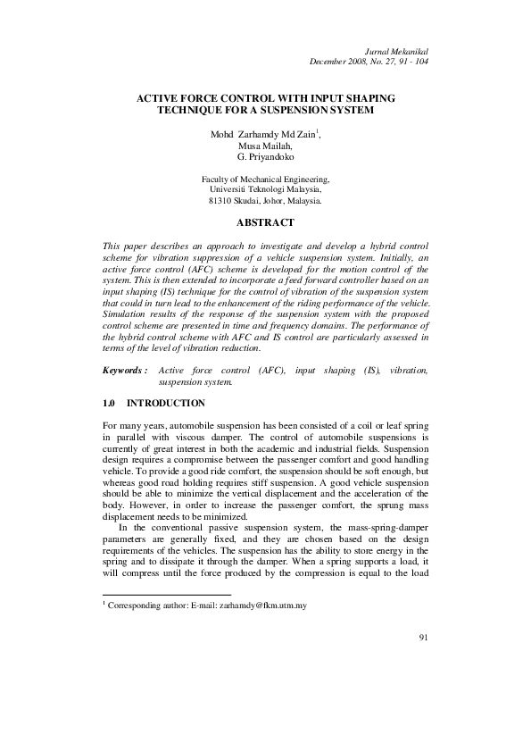 Pdf Active Force Control With Input Shaping Technique For A