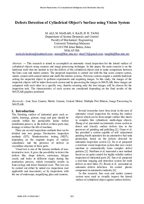 Pdf Defects Detection Of Cylindrical Objects Surface Using Vision System