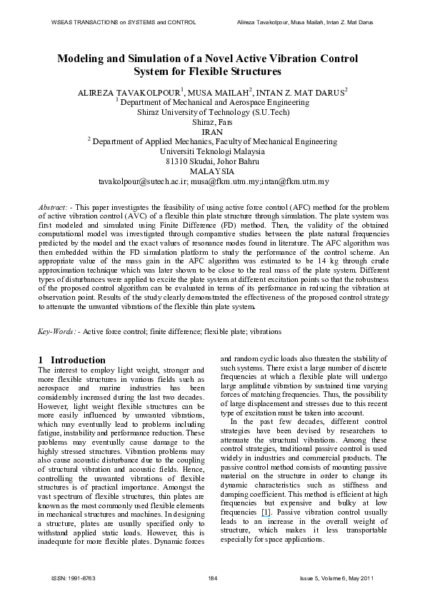Pdf Modeling And Simulation Of A Novel Active Vibration Control System For Flexible Structures