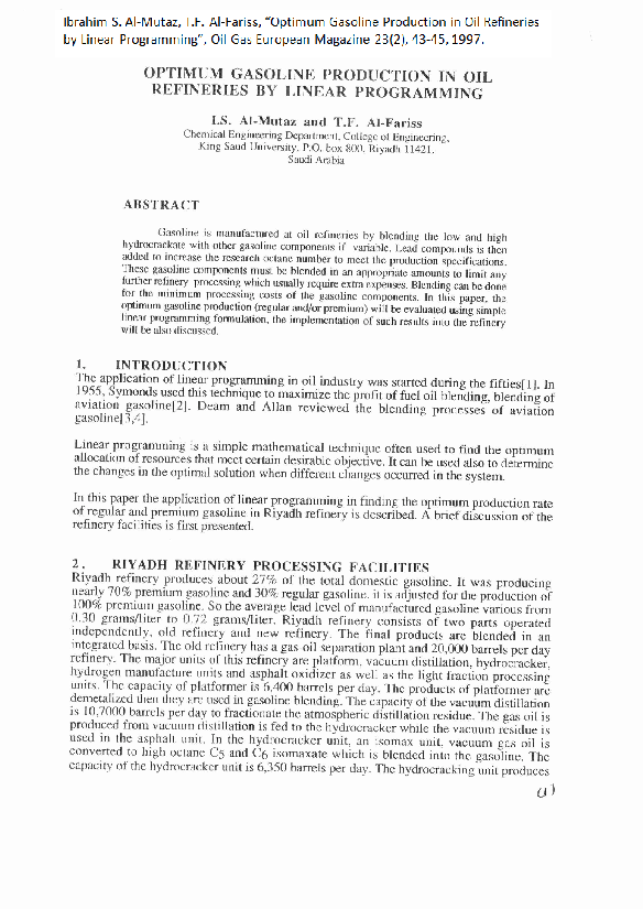 (PDF) Optimum gasoline production in oil refineries by linear programming
