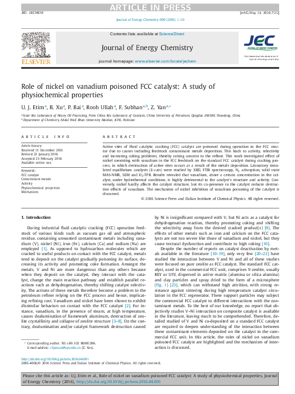 (PDF) Role of nickel on vanadium poisoned FCC catalyst: A study of ...