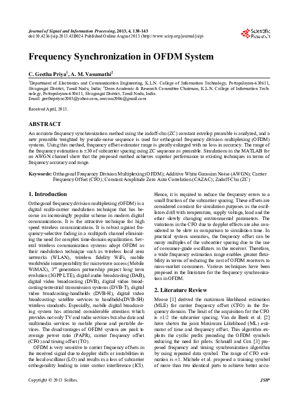 Pdf Frequency Synchronization In Ofdm System