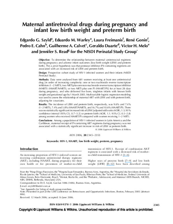 (PDF) Maternal antiretroviral drugs during pregnancy and infant low ...