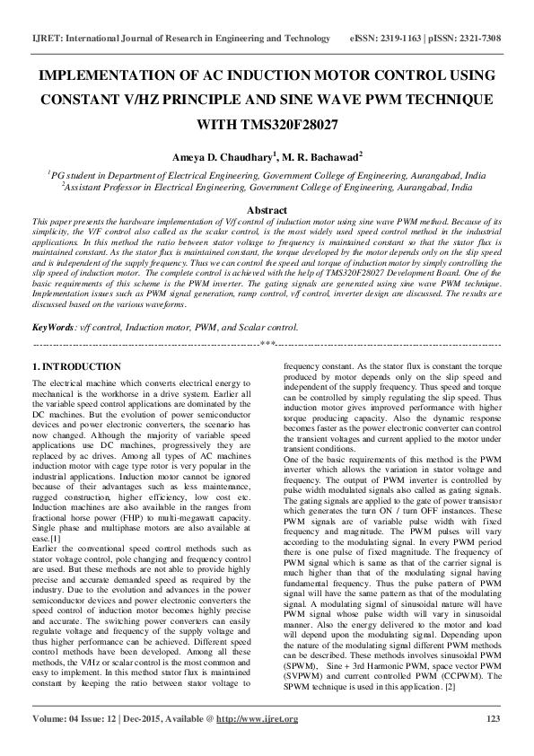 (PDF) IMPLEMENTATION OF AC INDUCTION MOTOR CONTROL USING CONSTANT V/HZ PRINCIPLE AND SINE WAVE ...
