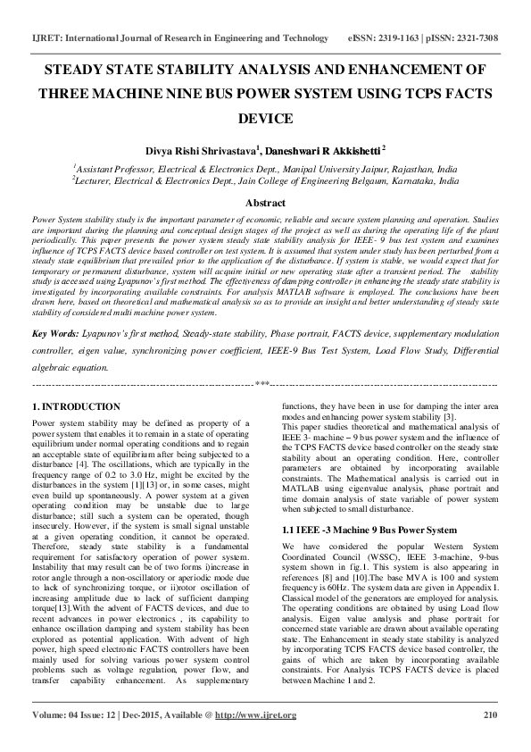 (PDF) STEADY STATE STABILITY ANALYSIS AND ENHANCEMENT OF THREE MACHINE NINE BUS POWER SYSTEM ...