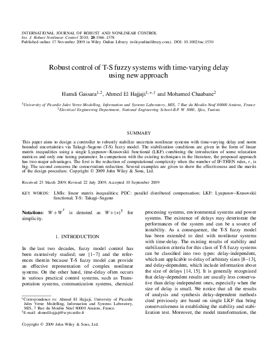 Pdf Robust Control Of T S Fuzzy Systems With Time Varying Delay Using