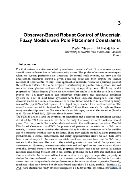 Pdf Observer Based Robust Control Of Uncertain Fuzzy Models With Pole