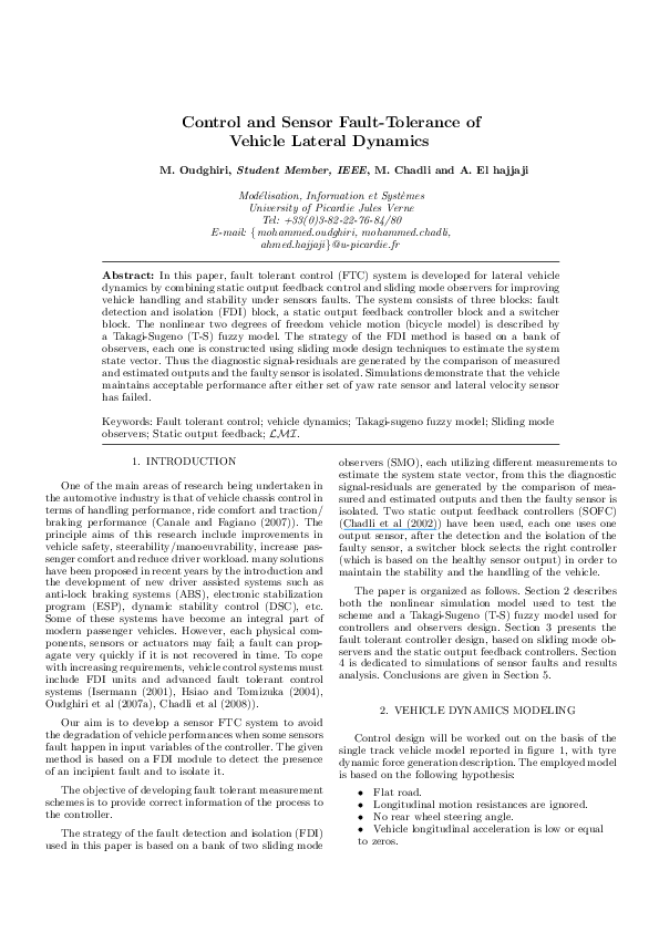 Pdf Control And Sensor Fault Tolerance Of Vehicle Lateral Dynamics