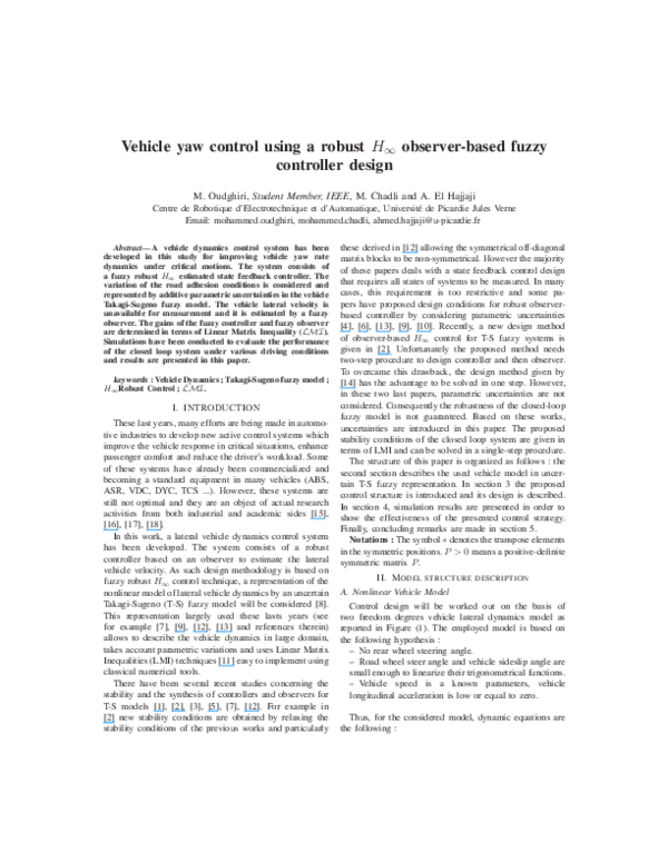 Pdf Vehicle Yaw Control Using A Robust H∞ Observer Based Fuzzy Controller Design