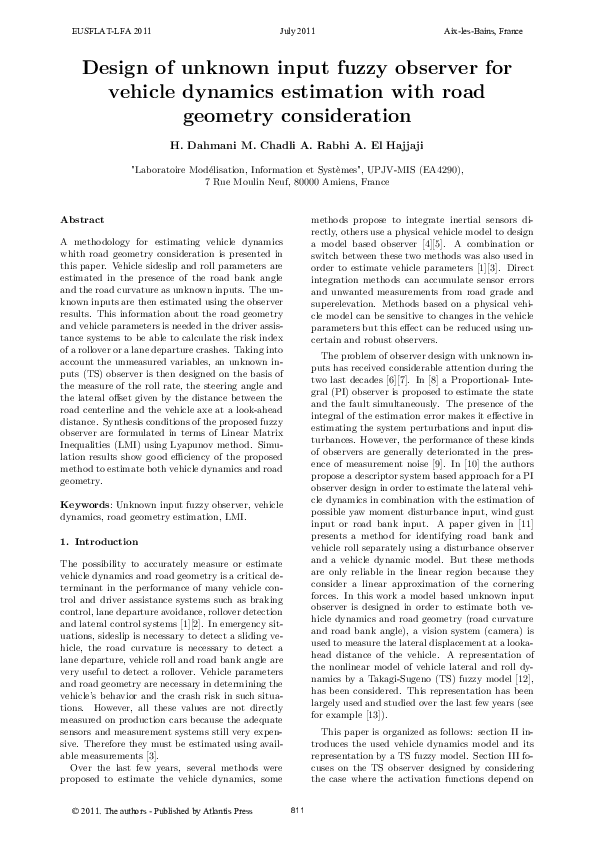 (PDF) Design of unknown input fuzzy observer for vehicle dynamics estimation with road geometry ...
