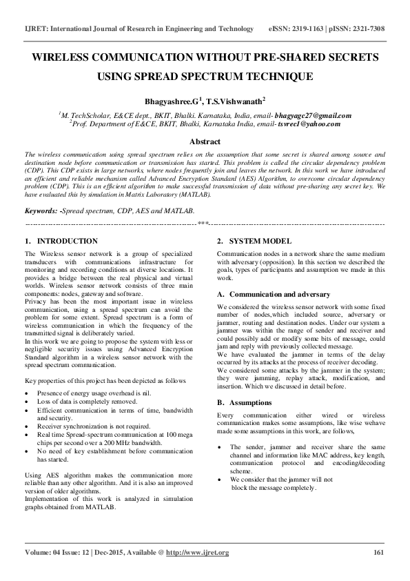 Pdf Wireless Communication Without Pre Shared Secrets Using Spread Spectrum Technique