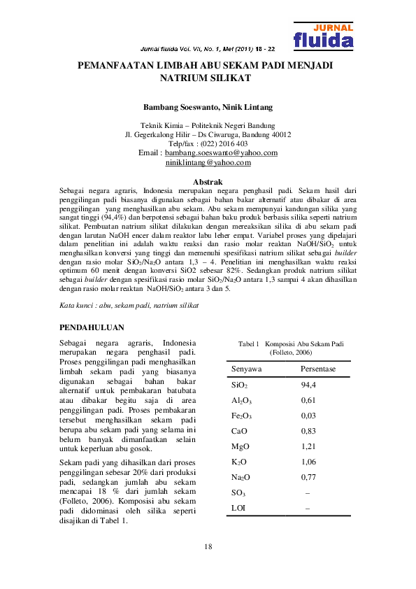 (PDF) PEMANFAATAN LIMBAH ABU SEKAM PADI MENJADI NATRIUM SILIKAT