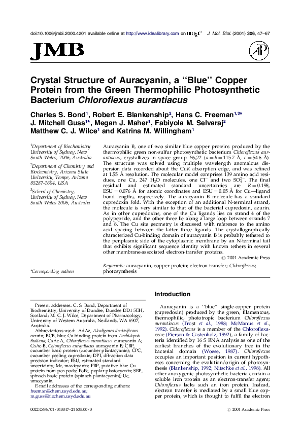 (PDF) Crystal structure of auracyanin, a “blue” copper protein from the ...